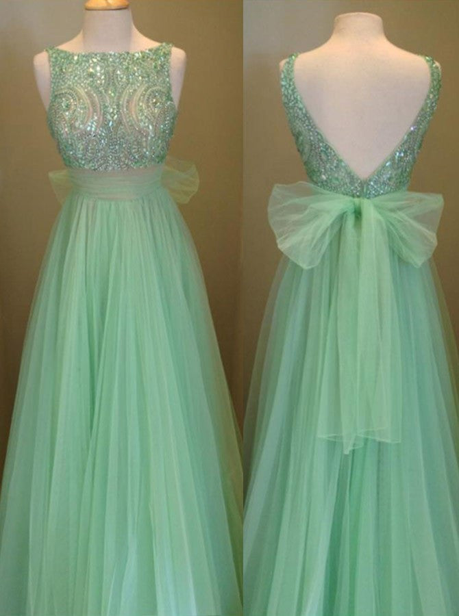 Mint Beaded Prom Dress Tulle Low Back Evening Gowns | Flosluna – FlosLuna